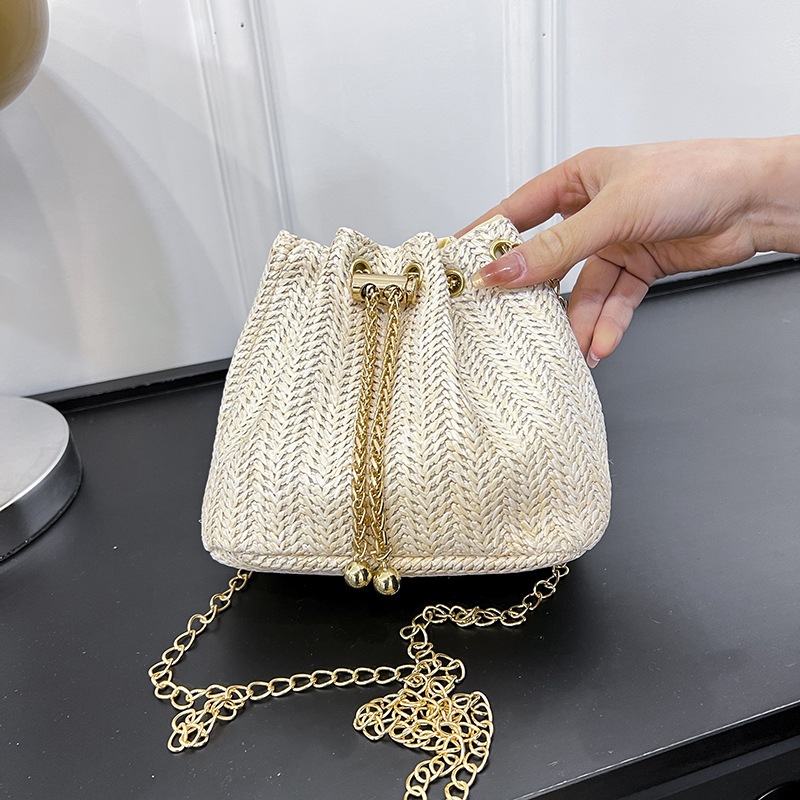 New Fashion Straw Woven Sling Bag Small Drawstring Bucket Bag Women ...