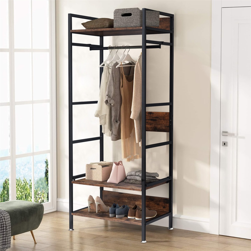 Industrial Entryway Clothes Rail Clothing Stand with Storage Shelves ...