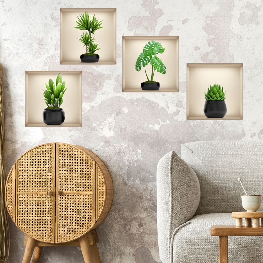 Green Pot Plants Leaves Wall Stickers, Cactus Bonsai Tropical Potted ...