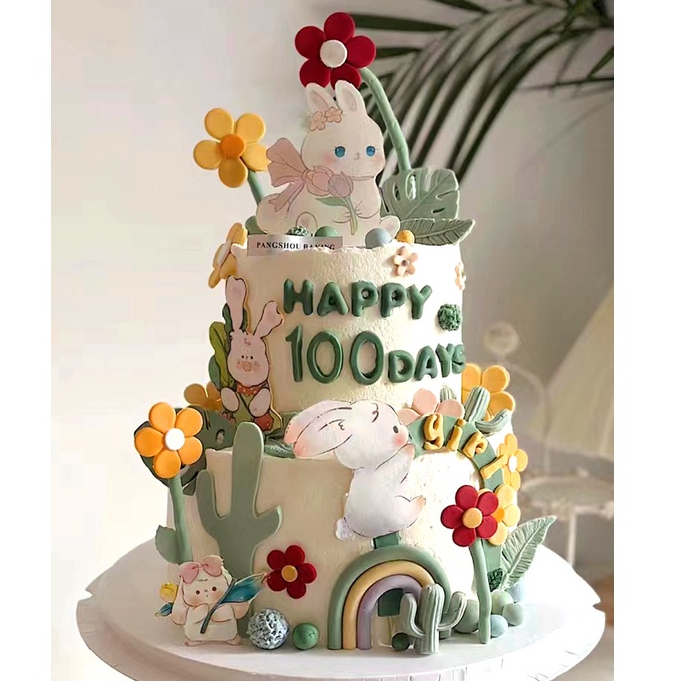 Ins Design Cute Bunny Flower Cake Topper Decoation ins风兔子烘焙蛋糕装饰甜品台百天周岁 ...