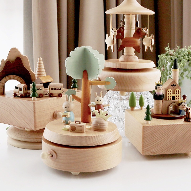Wooden Music Box with Moving Small Train, Wood Musical Box Birthday ...