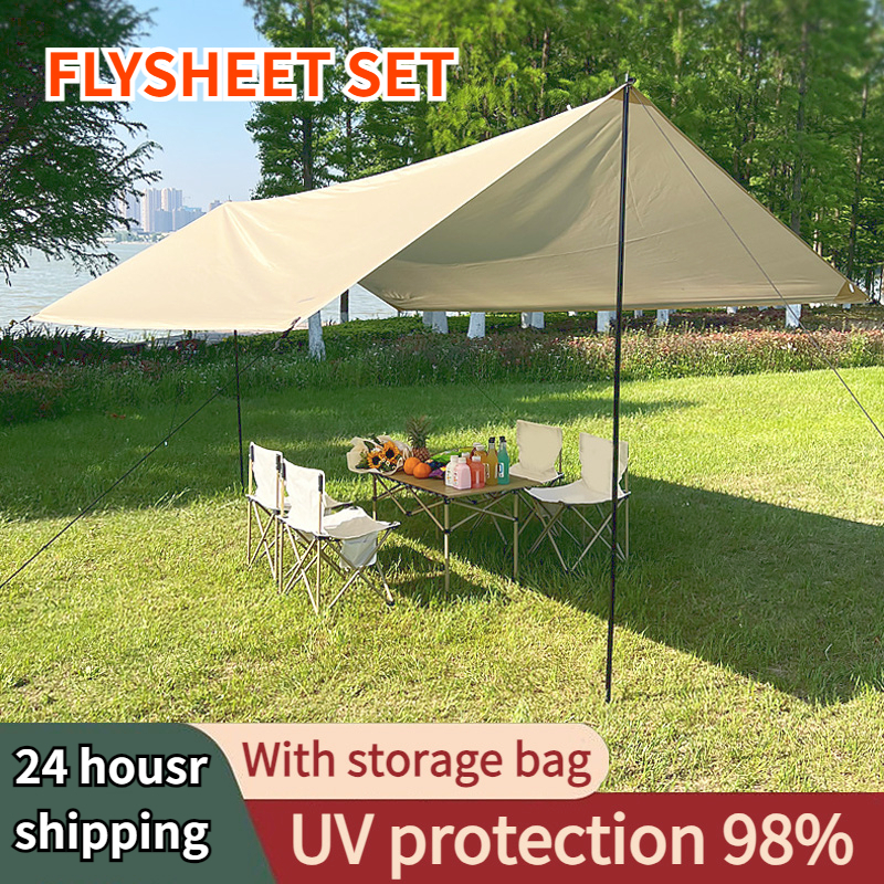 Flysheet Set Camping Sky Curtain with Pole & Rope Outdoor Awning Canopy ...