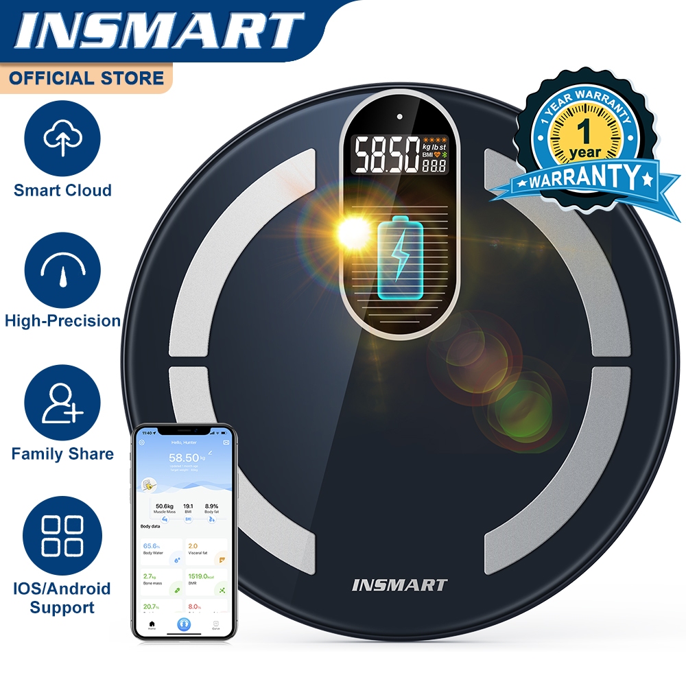 INSMART 17in1 Solar Powered Bluetooth BMI Weight Scale Body Fat Digital ...