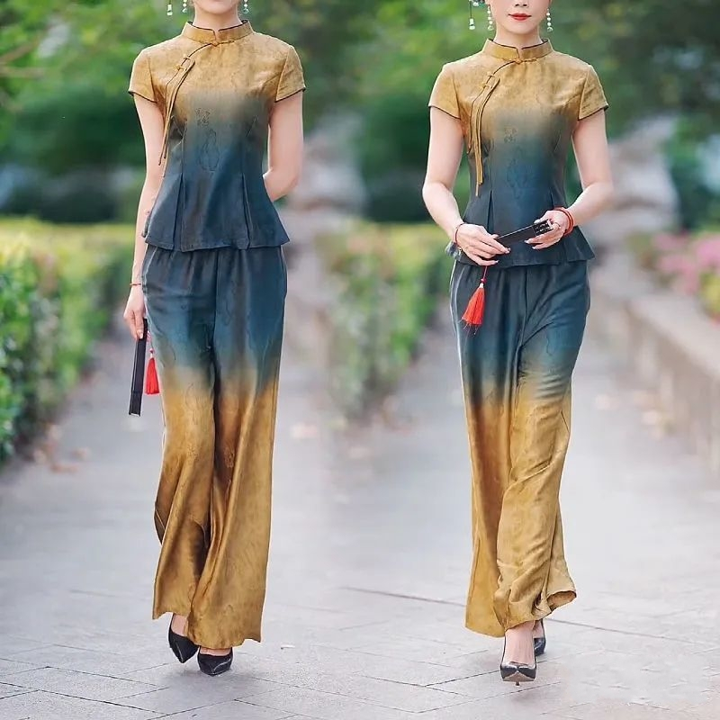 2024 CNY Cheongsam Set Chinese Style Short Sleeve Qipao Top + Wide Leg ...