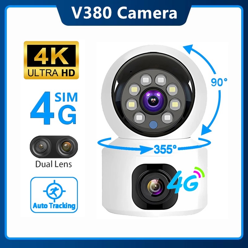 V380 4G Sim Card CCTV Camera 4K 8MP Dual Lens Screen Color Night Vision ...