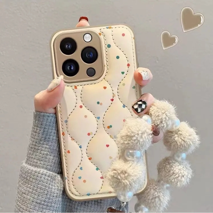 Korean Wave Dot White Hairy Ball Hanging Rope Case for IPhone 15 Pro ...