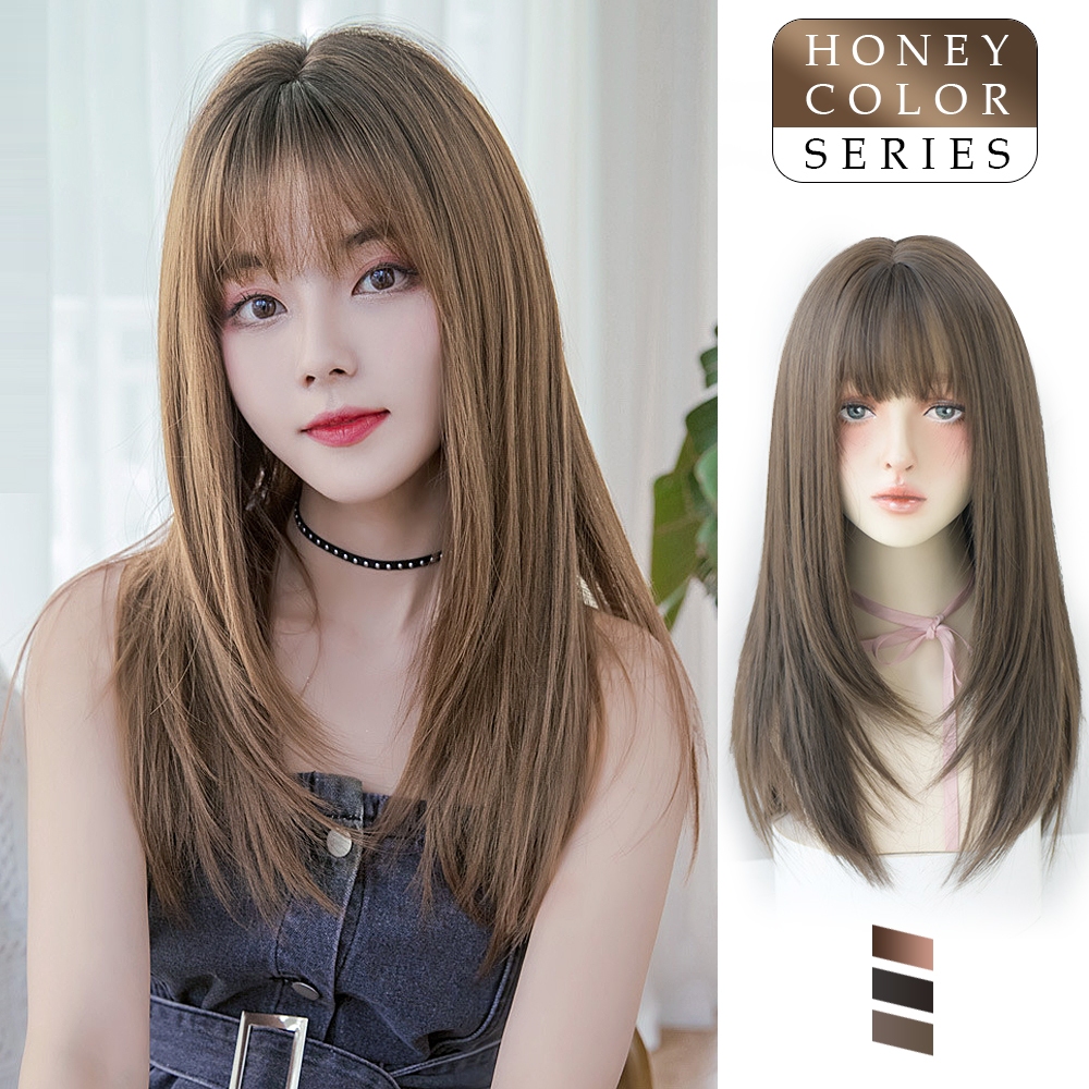 Long Straight Broken Hair Wig With Airbangs Honey-Color Series Length ...