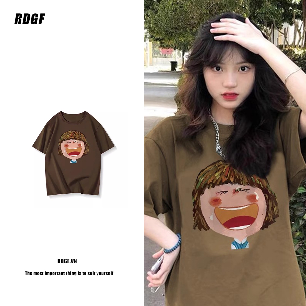 RDGF Korean style summer women's loose round neck oversize brown pure ...
