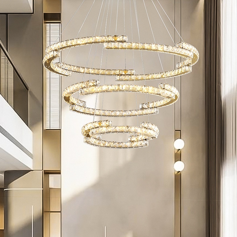 Modern Multi-layers Crystal Chandelier Remote Control Dimmable LED Pendant Lights Gold Stainless ...