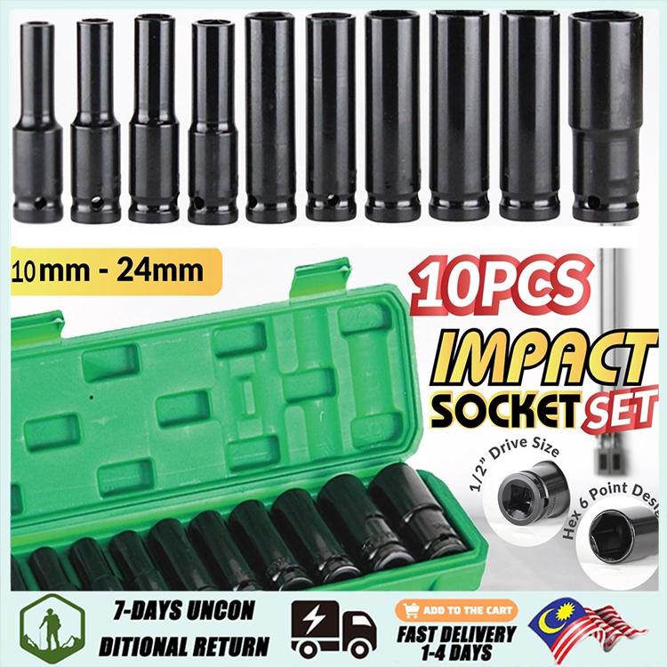 10PCS 1/2 Inch Long Professional impact socket set, black deep box set ...