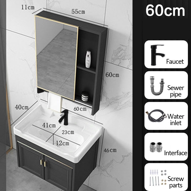 60/80CM Black Aluminium Bathroom Cabinet Set Storage Mirror box with ...