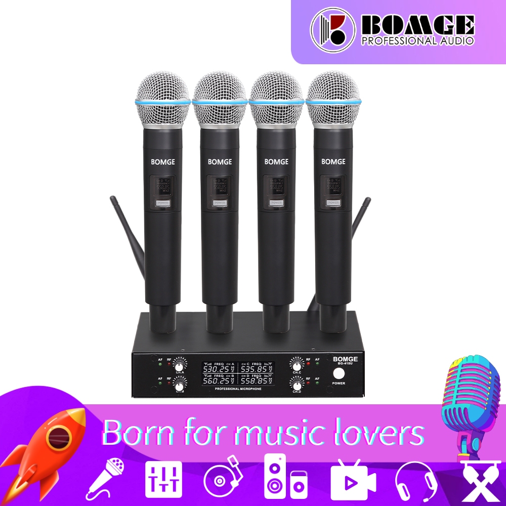 BOMGE Pro Wireless Microphone System, 4-Channel UHF Wireless Mic, Fixed Frequency Cordless Mic ...