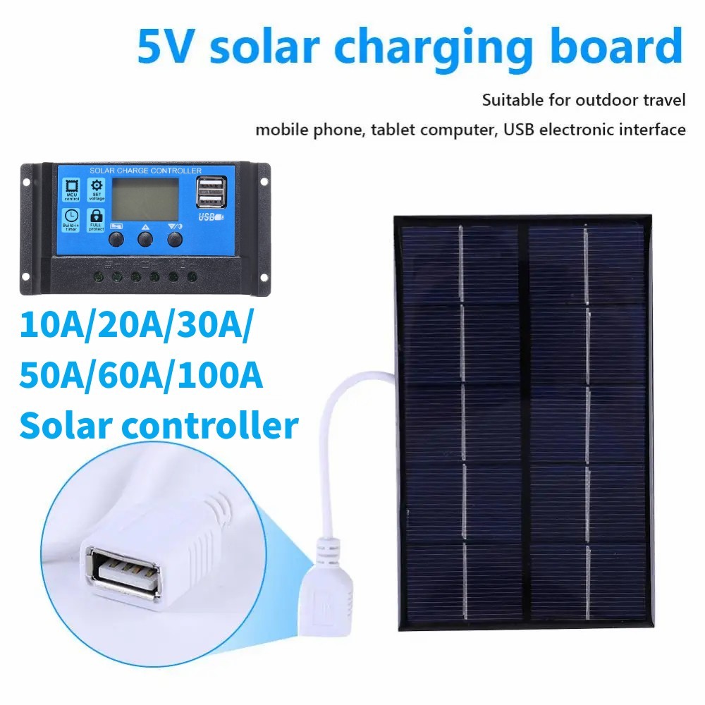Mini USB Solar Panel 10W 5V + 10A 20A 30A 50A 60A 100A Solar Controller Regulator Portable Solar ...