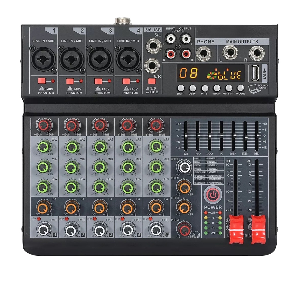 BOMGE RV4/6 Professional 4/6 Channel Audio Mixer with 16 DSP Effects,7 ...