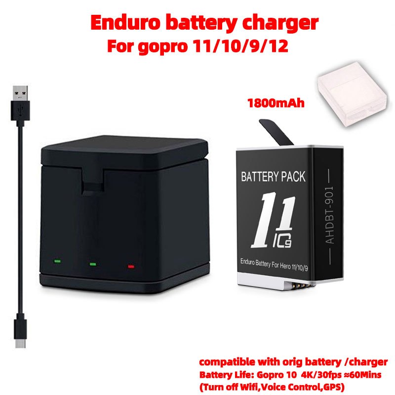 Enduro charger battery For GoPro Hero 10/9/11/12 Black 1800mAh Charger ...