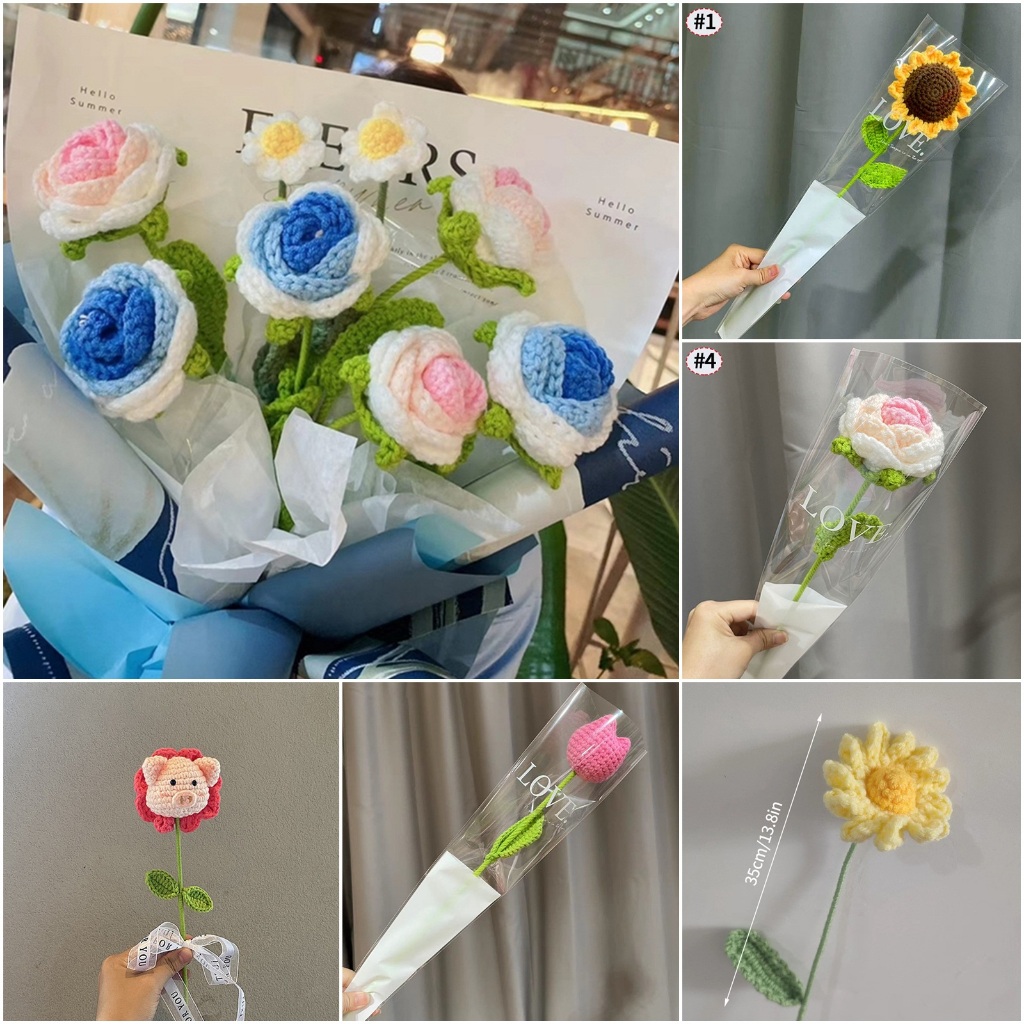 Hand Knitted Artificial Flower Diy Yarn Knitted Bouquet Fake Flower Valentine's Day Teacher's ...