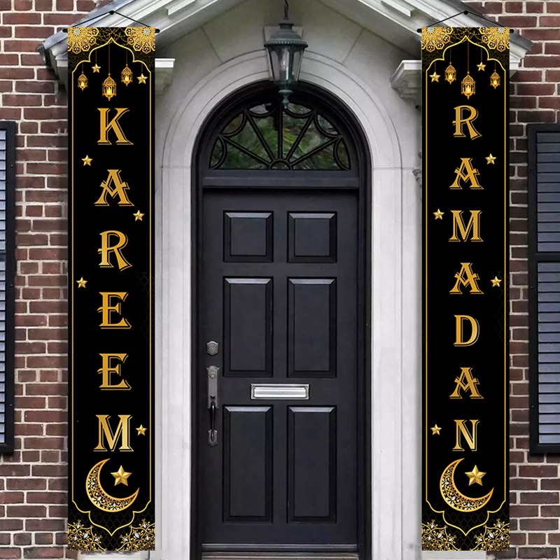 2pcs/set Eid Mubarak Door Banner Polyester Porch Banner White Black ...