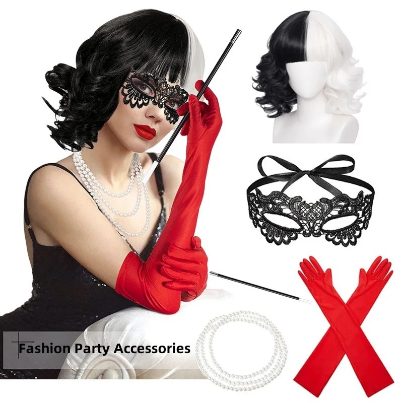 Anime Cruella De Vil Wig Curly Half Black Half White Wigs Cosplay Women ...