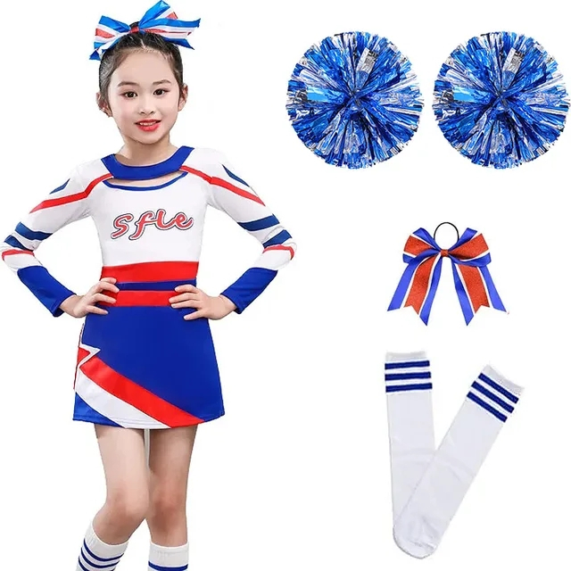 Long Sleeves Blue Girl Cheerleading Costume Uniform Kids Women ...