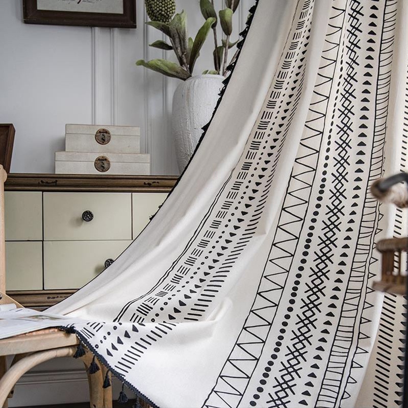 Boho Canvas Curtain Langsir with Fringe Semi-blackout Drapery for ...