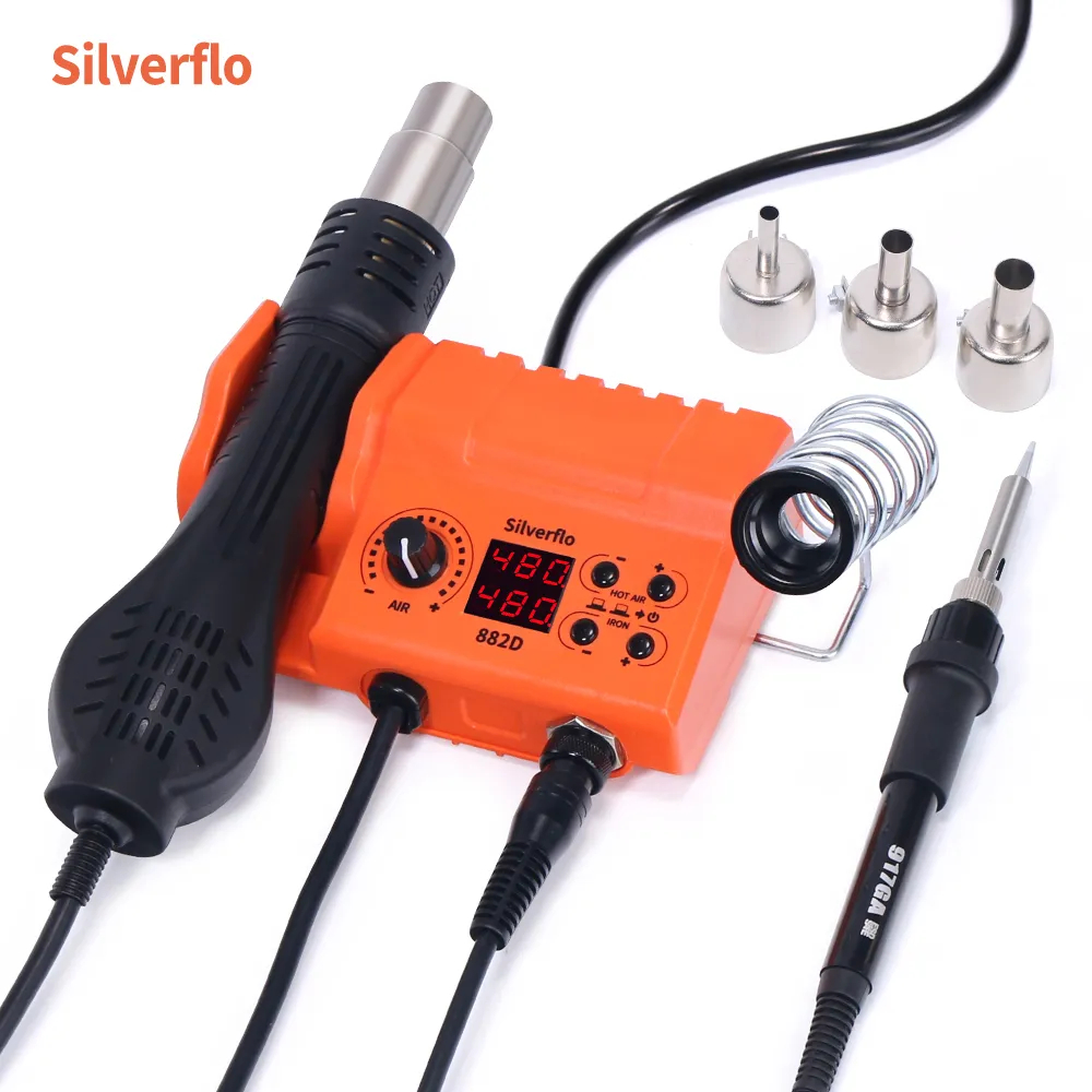 Silverflo 882D 750W Soldering Station 2 in 1 Soldering Iron Hot Air Gun ...