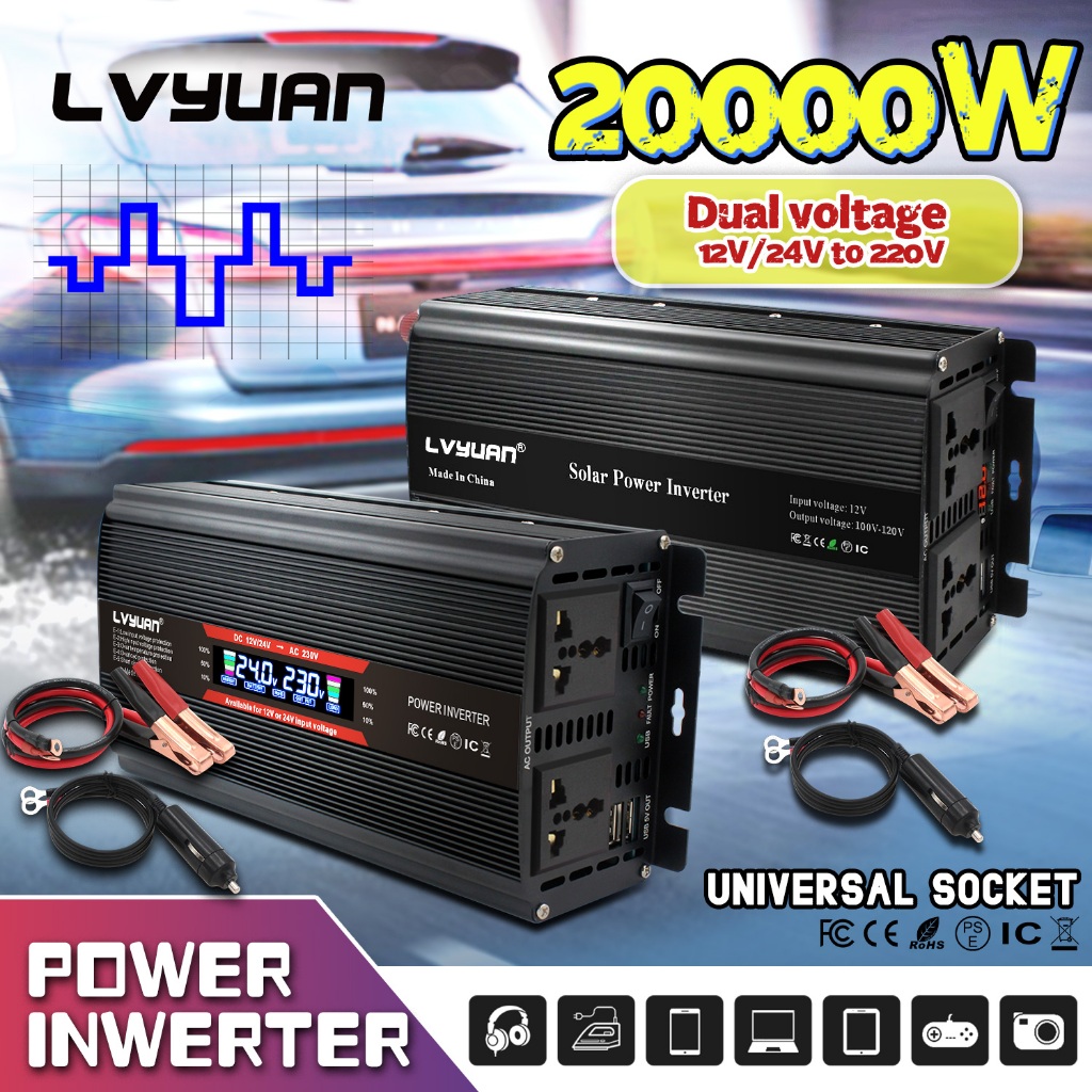 New Uprade 20000W Car Power Inverter DC 12V/24V to AC 220V Universal ...