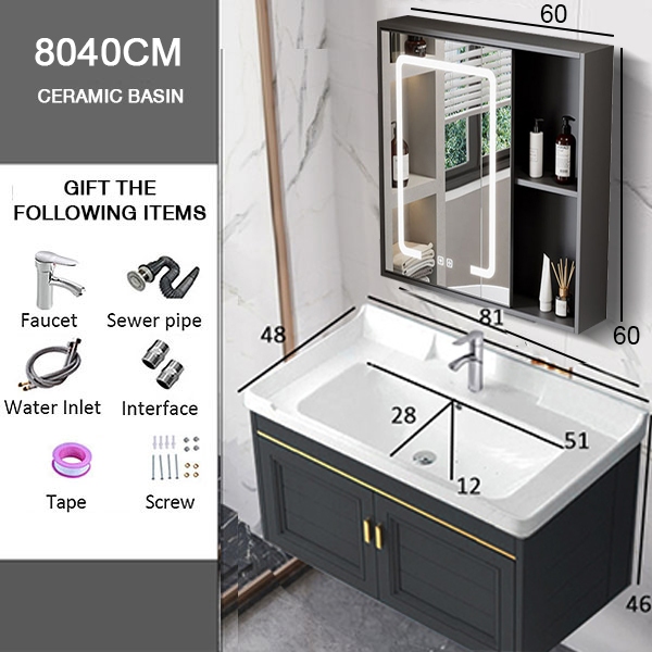 60/80CM Black Aluminium Bathroom Cabinet Set Storage Mirror box with ...
