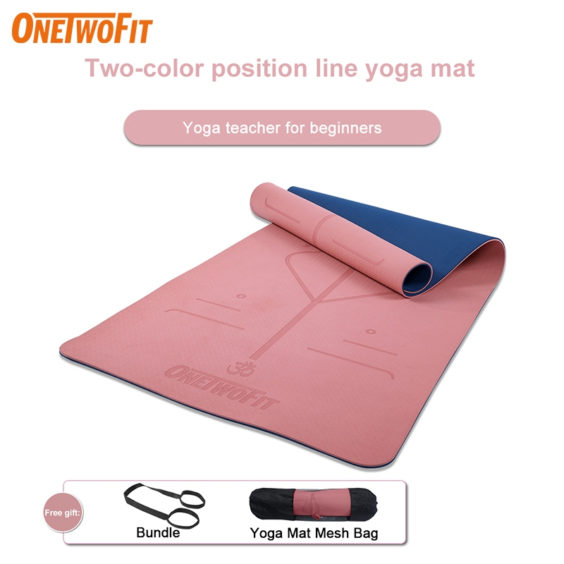 OneTwoFit TPE Yoga Mat Anti-Slip Dual Layer with Alignment Guide ...