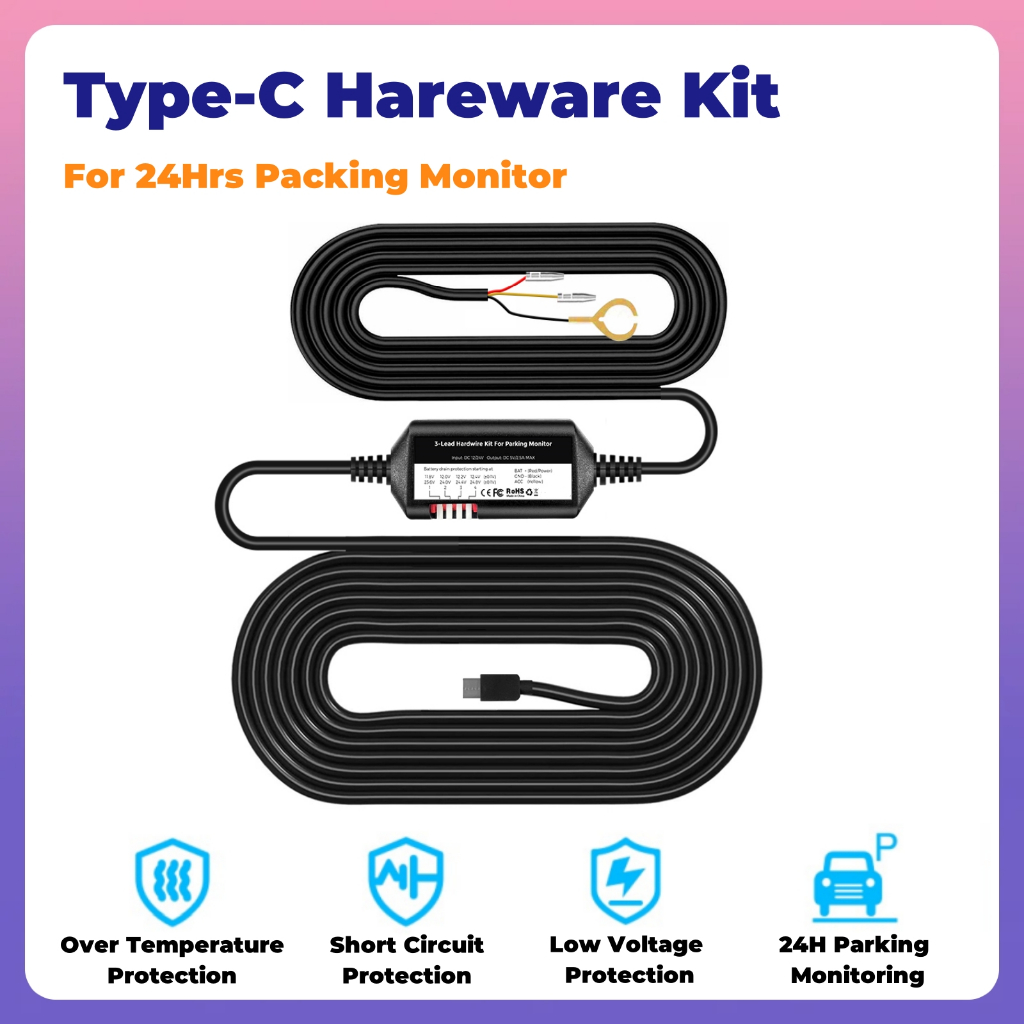 Type-C Hardwire Kit 12/24V to 5V for Dash Cam 24H Park Mode Monitoring ...