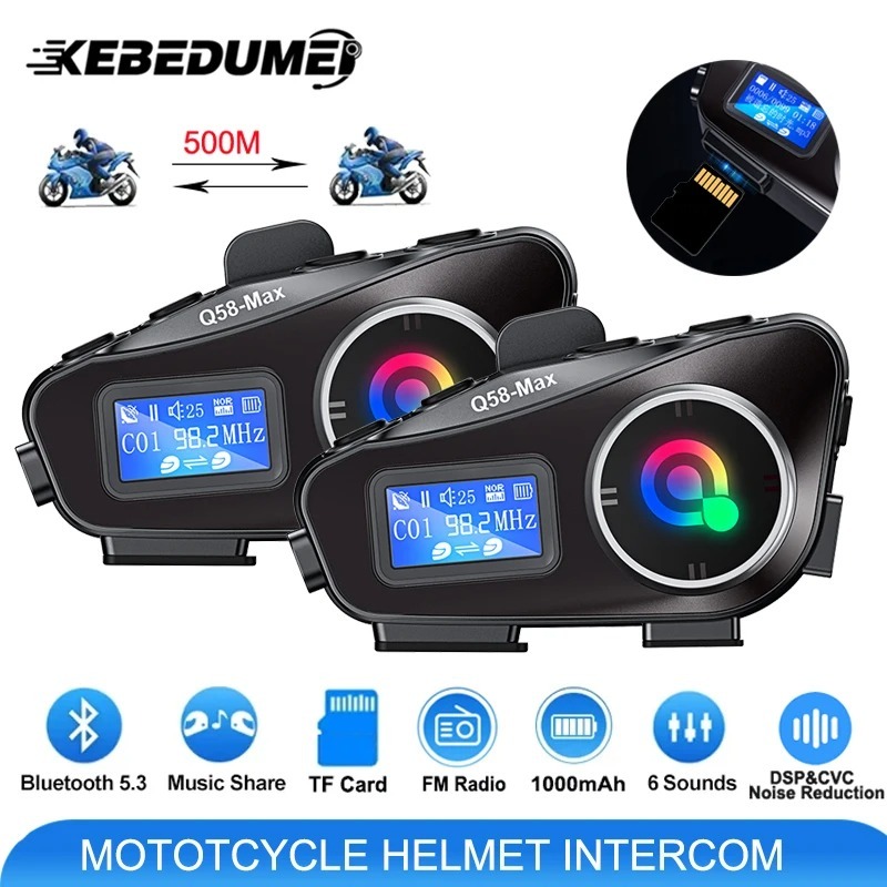 2Pcs BT5.3 Motorcycle Intercom Helmet Headset For 2 Riders Interphone ...