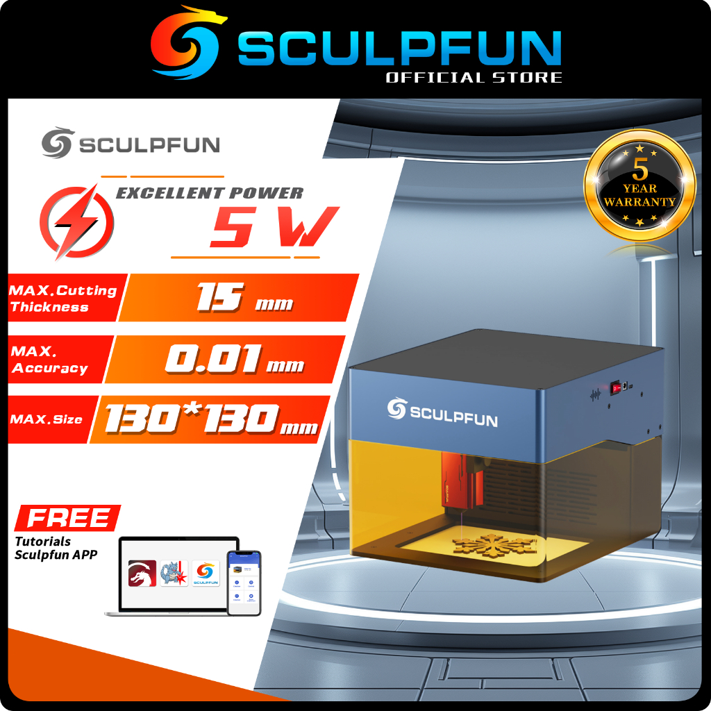 SCULPFUN iCube Pro 5W Laser Engraver Cutter with Smoke Filter Temperature Alarm 130x130mm DIY ...