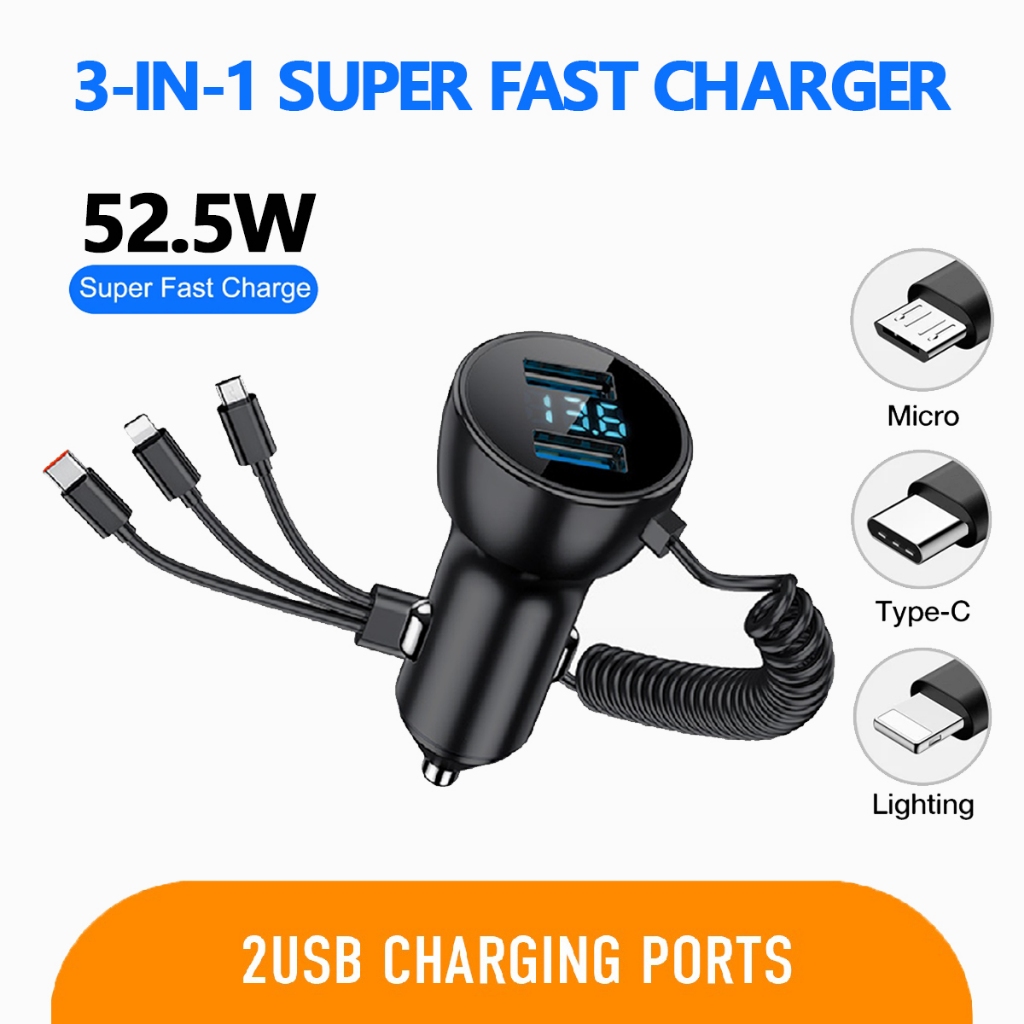 3-in-1 Spring Cable USB/PD Compatible Super Fast Charging LED Digital ...