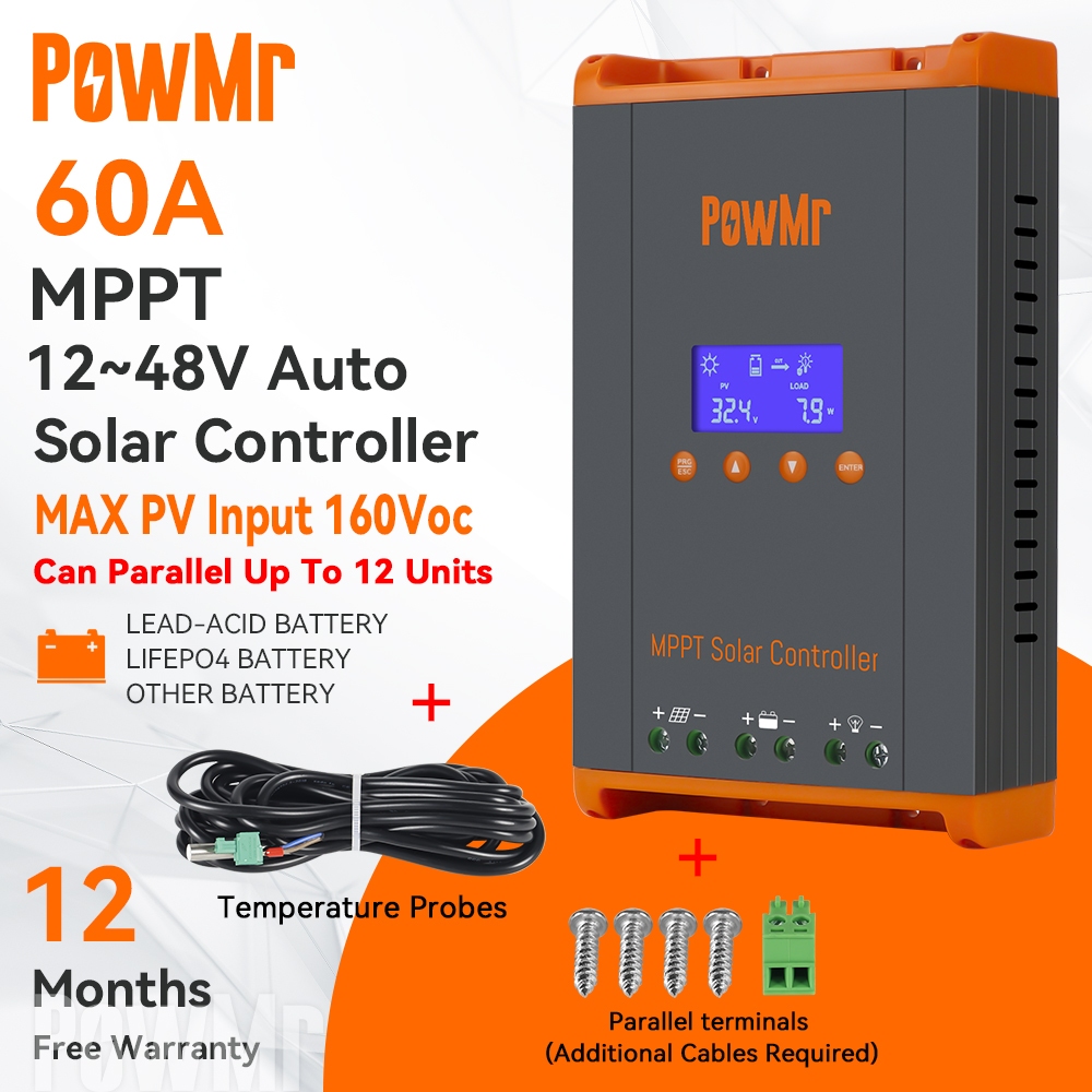 【Local Delivery】PowMr 100% MPPT 60A Solar Charge Controller 12V/24V/36V/48V Automatic PV Max ...