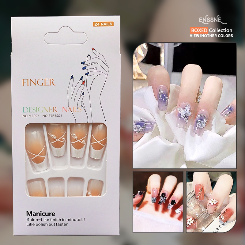 3D Fake Nails Set ( Boxed with Glue ) 24pcs Designed with Rhinestones ...