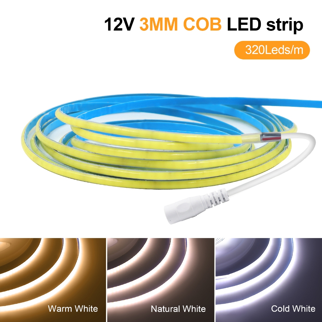 3mm PCB COB LED Strip Ultra Thin 12V Flexible Tape Light With DC Plug ...