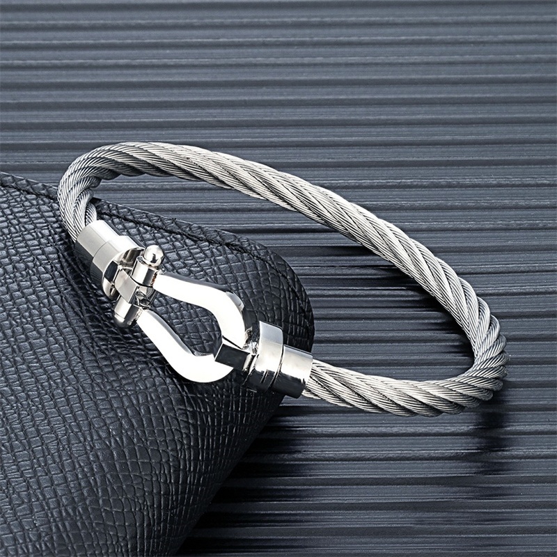 MKENDN Punk Rock Style Horseshoe Knot Cable Stainless Steel Wire Rope Braided Bangle Gold Silver ...