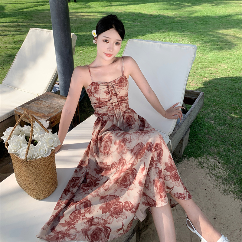 korean elegant red floral sleeveless backless dress for women plus size ...