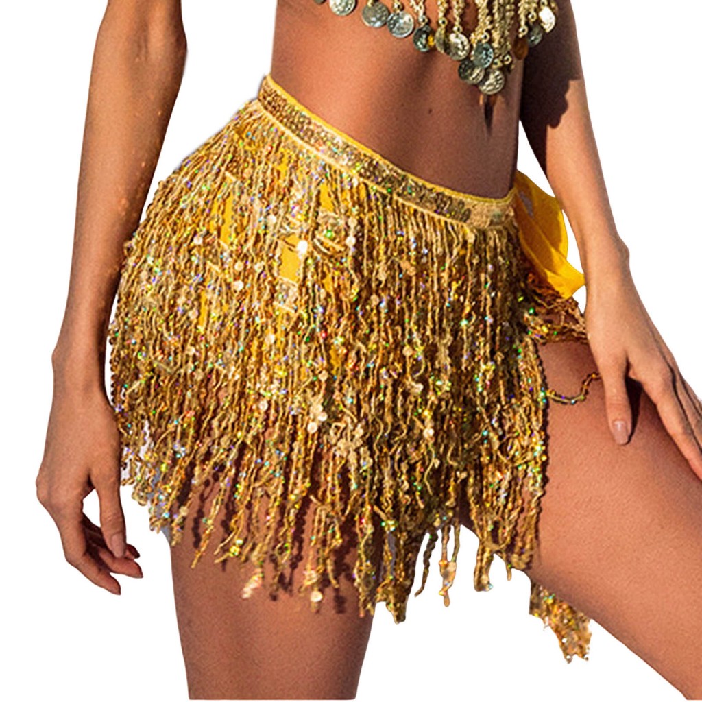 Womens Sequin Tassel Skirt Rave Fringe Hip Scarf Boho Belly Tribal