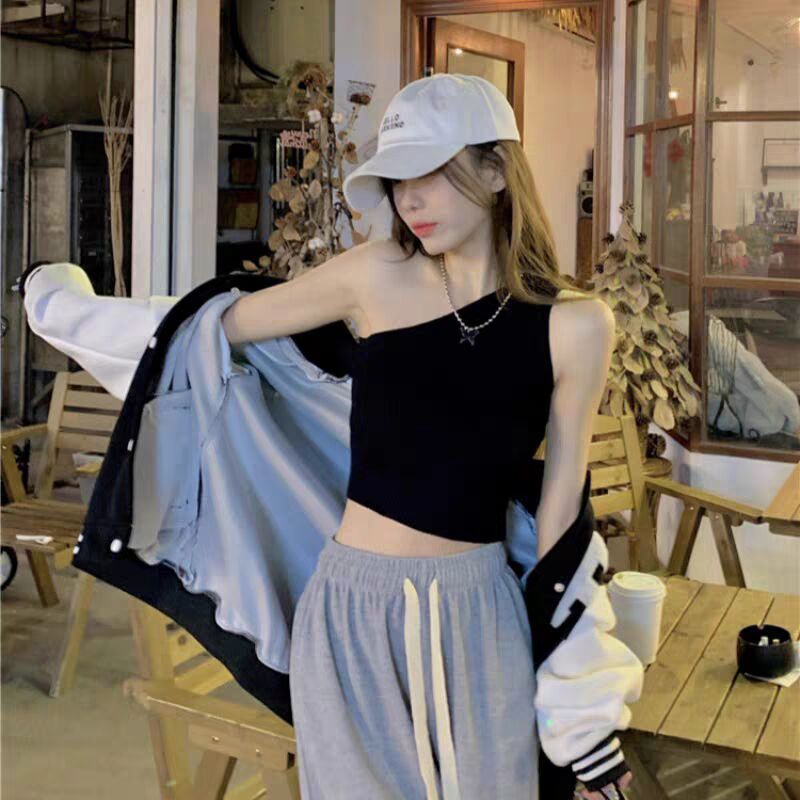 【Ready Stock】One Shoulder Cropped Tanks Top Women Summer Sleeveless ...
