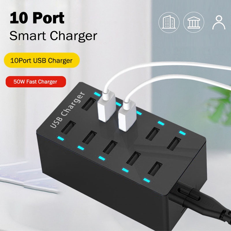 10 Ports Multiple USB Charger Station 50W Fast Charging Hub Multi Port ...