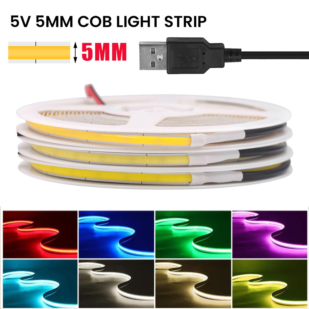 Width 5MM DC 5V USB COB Strip 320Leds/M White/Ice Blue/Pink/Yellow/Pink/Red Flexible Ribbon Rope ...