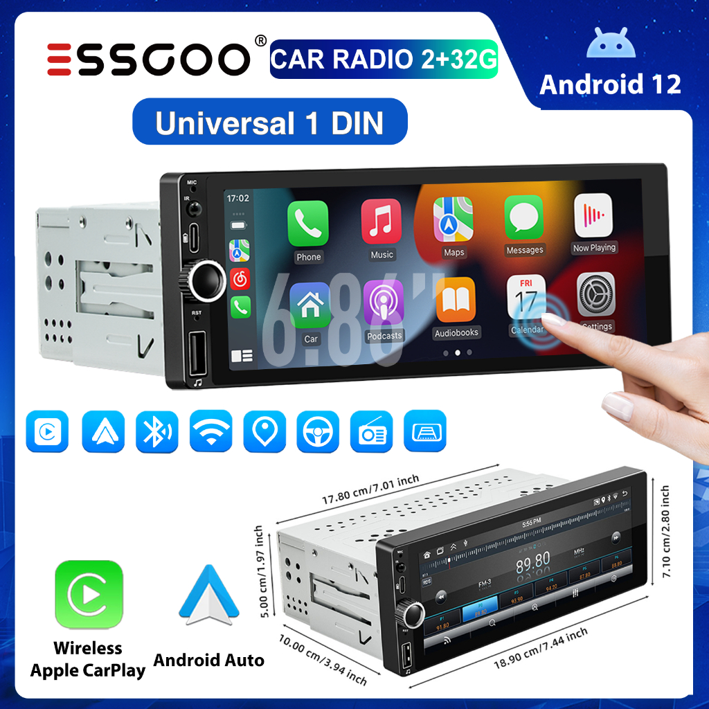 ESSGOO Wireless Carplay Android Auto AHD ASP 1 Din Android Car Player 2+32GB 6.86 inch Touch ...