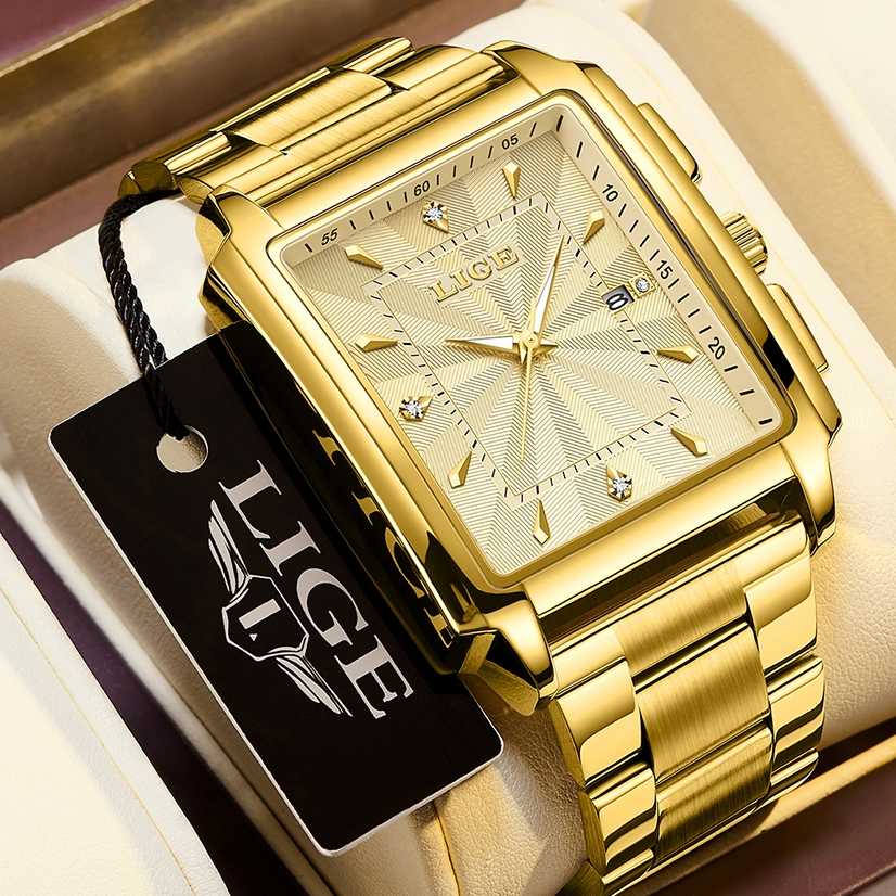 LIGE Stainless Steel Luminous Waterproof Quartz Fashion Men Square ...