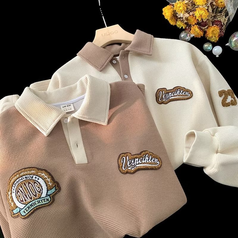 Baju peluh polo wafel gaya preppy untuk lelaki dan wanita, baju peluh ...