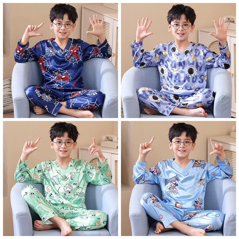 Boys Sleeping Gown Satin Silk Cool Long Sleeve Nighty Children ...