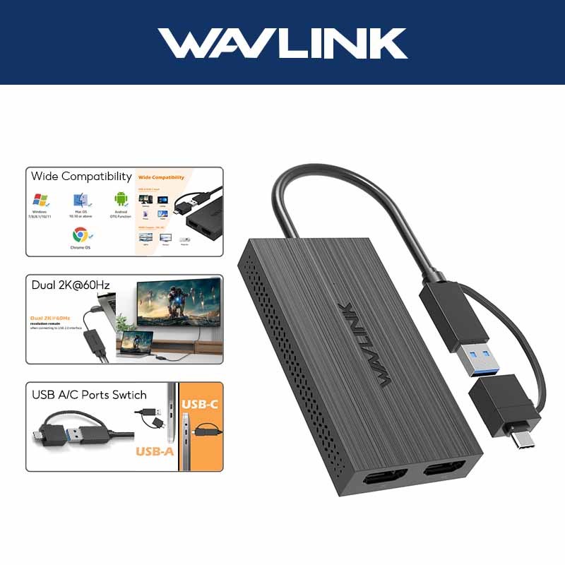 WAVLINK HDMI Splitter USB 3.0 to HDMI Dual Display Adapter USB A or USB C to HDMI for Dual ...