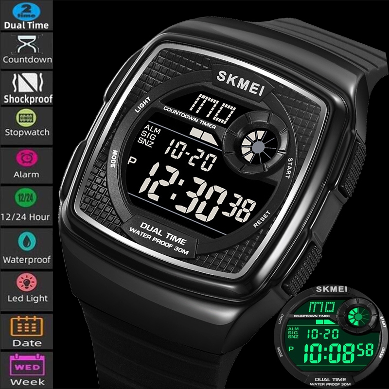 Skmei Mens Digital Watches Fashion TPU Strap 30m Waterproof LED Light ...