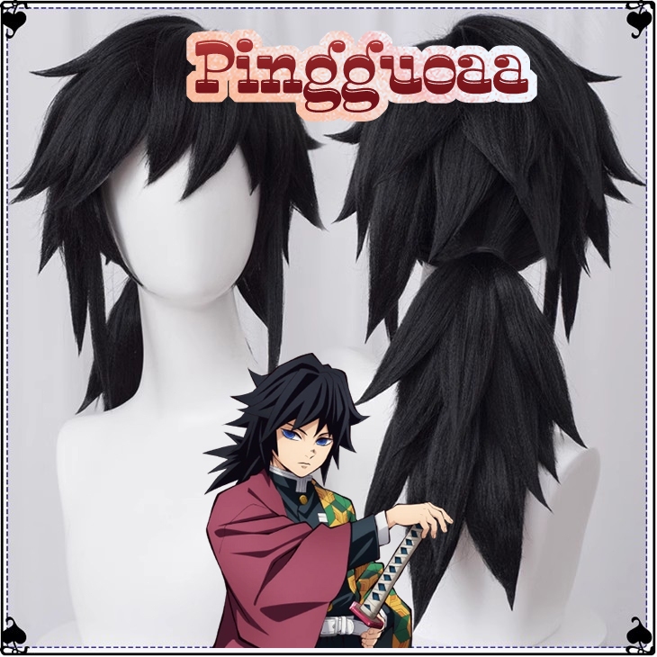 Tomioka Giyuu Wig Demon Slayer Cosplay 45cm Long Black Heat Resistant ...