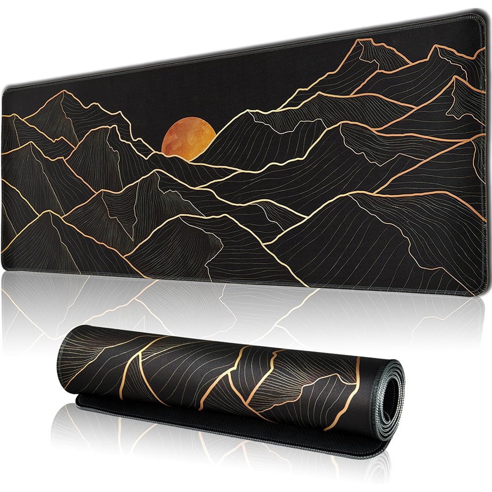 Golden Mountain and Moon Mouse Pad, Large Luxury Gold Line Art Gaming ...