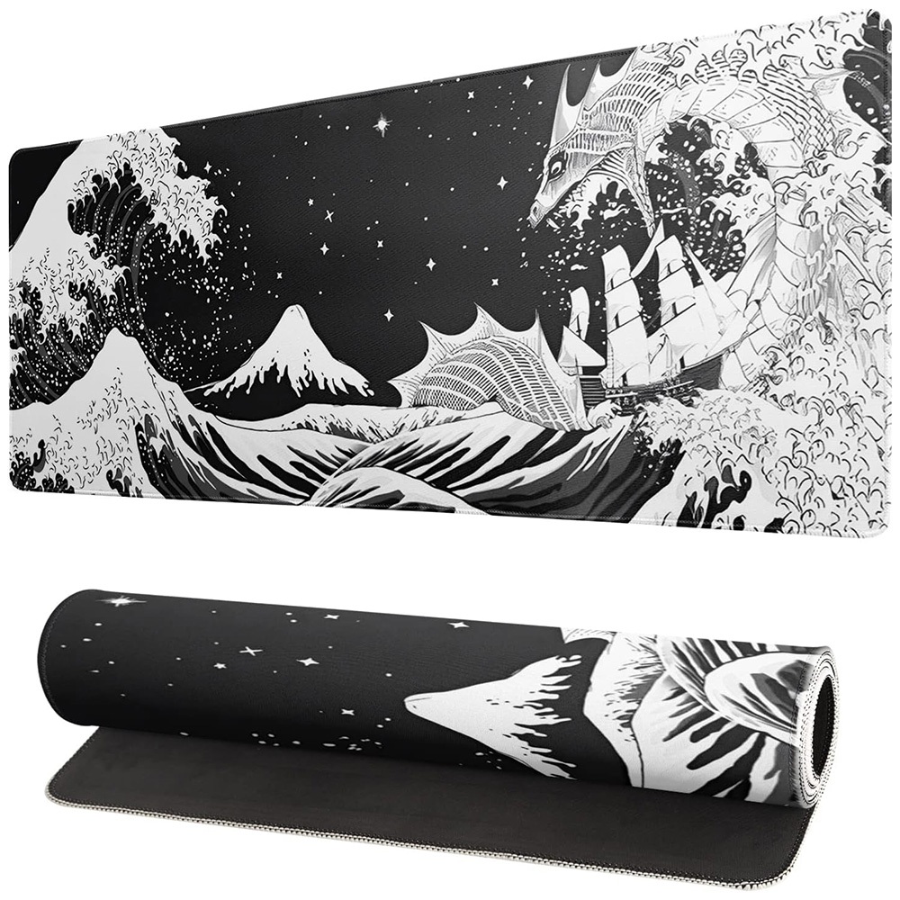 Black and White Japanese Wave Dragon Gaming Mouse Pad - Abstract Mat ...